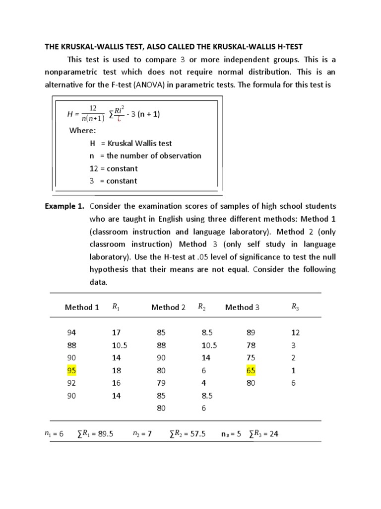 The Kruskal Wallis or H Test | PDF | F Test | Statistical Theory