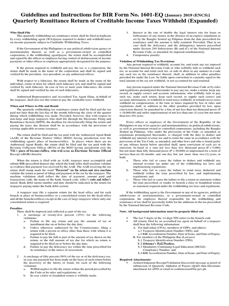 BIR Form 1601-EQ Filing Guidelines | PDF | Taxes | Business