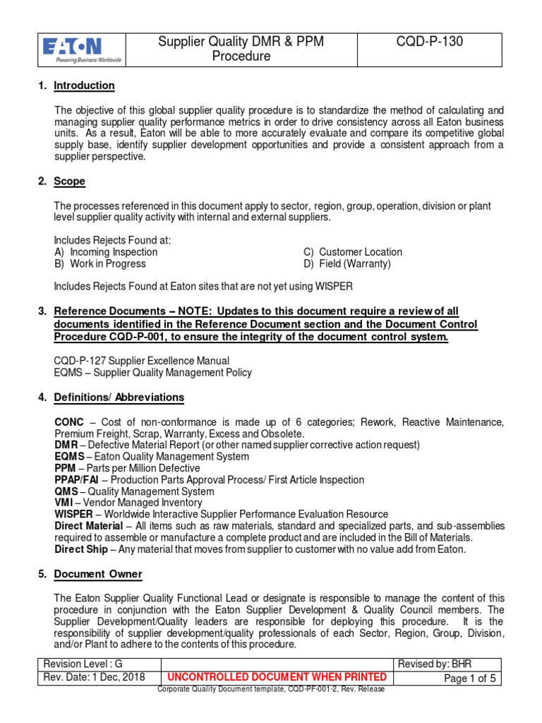 Supplier Quality DMR and PPM Procedure | PDF | Quality Management ...