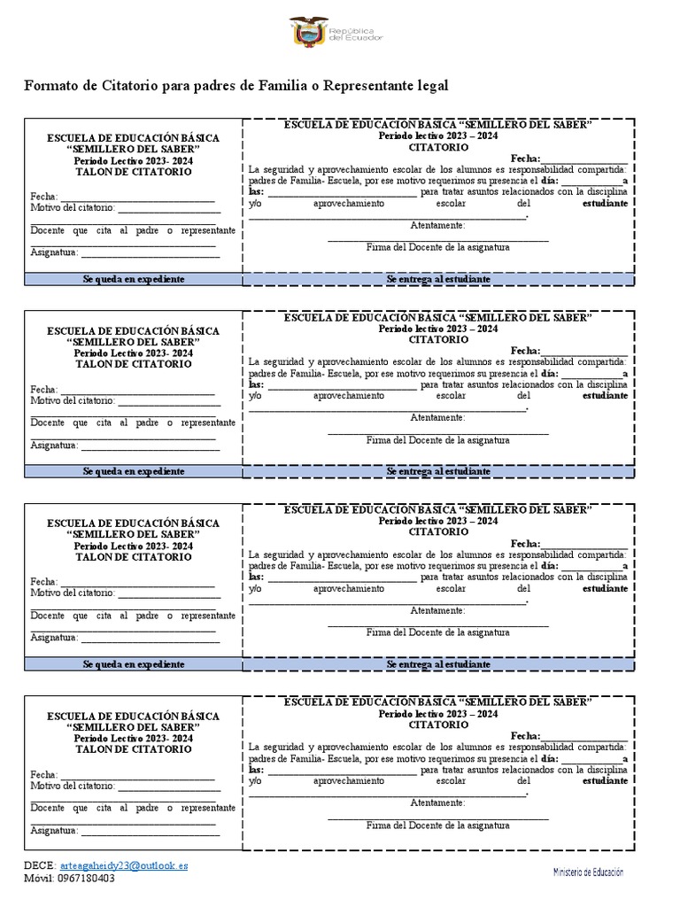 Formato de Citatorio para padres de Familia o Representante legal | PDF