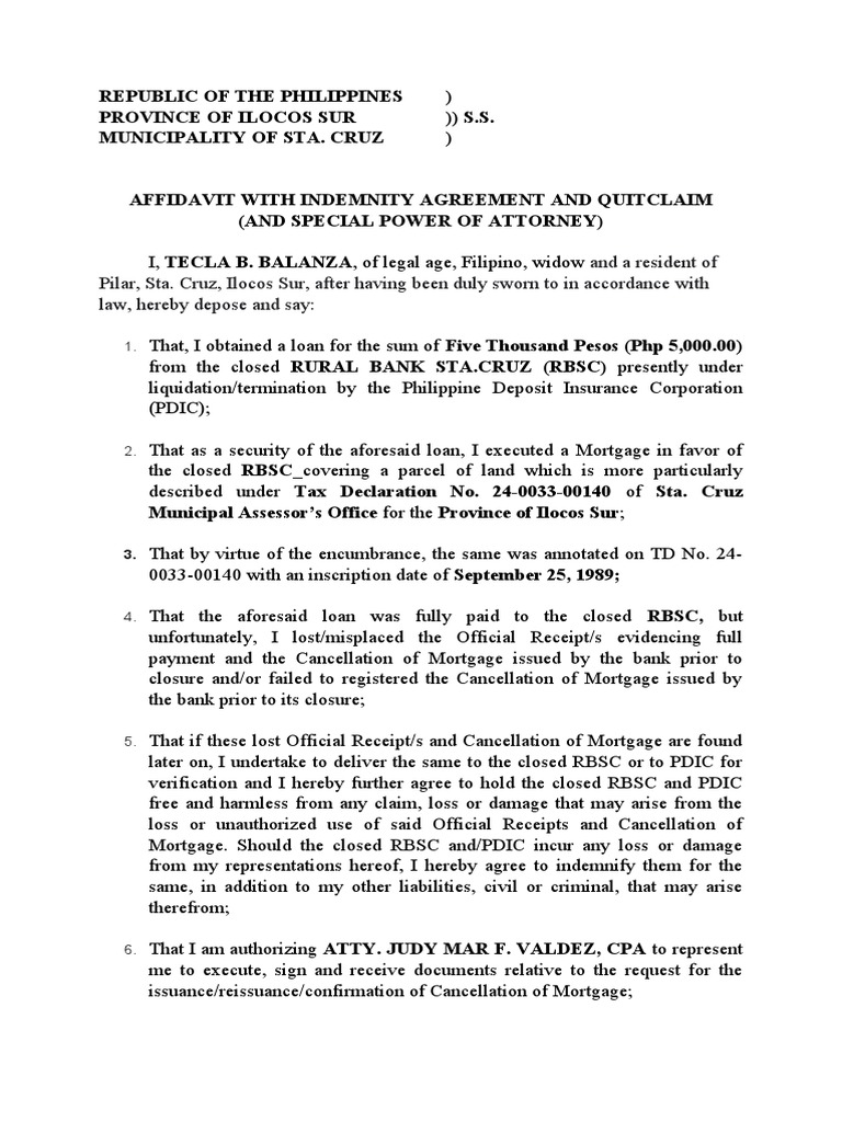 Affidavit With Indemnity Agreement and Quitclaim and Spa | PDF ...