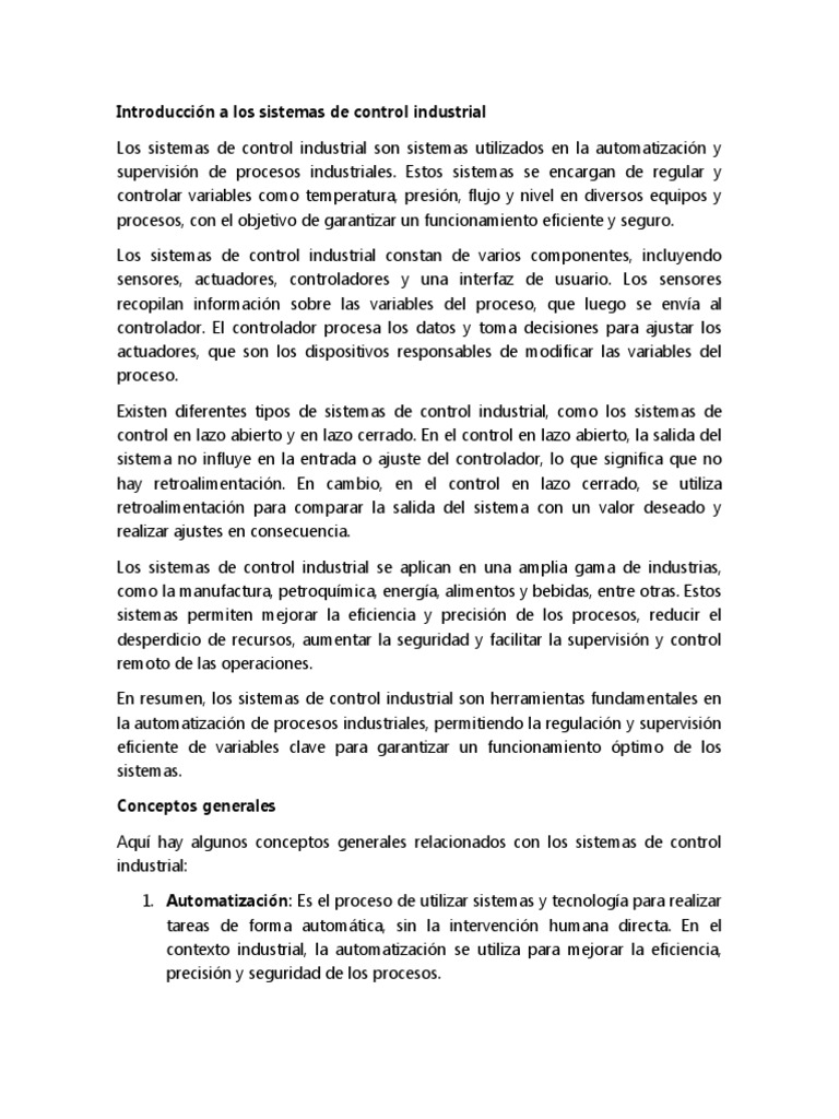 Introducción A Los Sistemas de Control Industrial | PDF | Sistema de ...