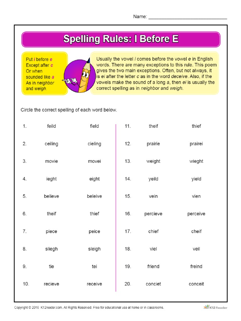 Spelling Rules Worksheets _ I Before E | PDF