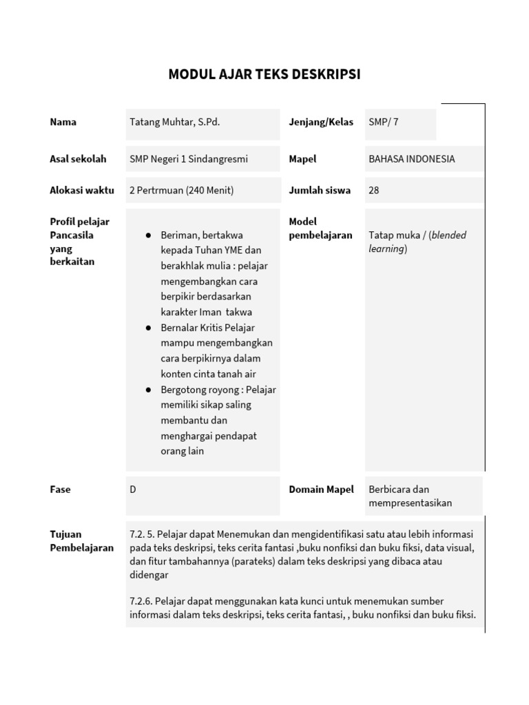 Modul Ajar Teks Deskripsi Kelas 7 | PDF