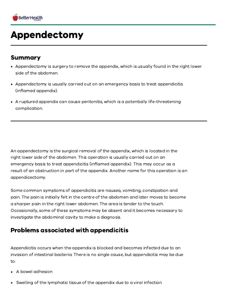 Appendectomy - Better Health Channel | PDF | Surgery | Medicine