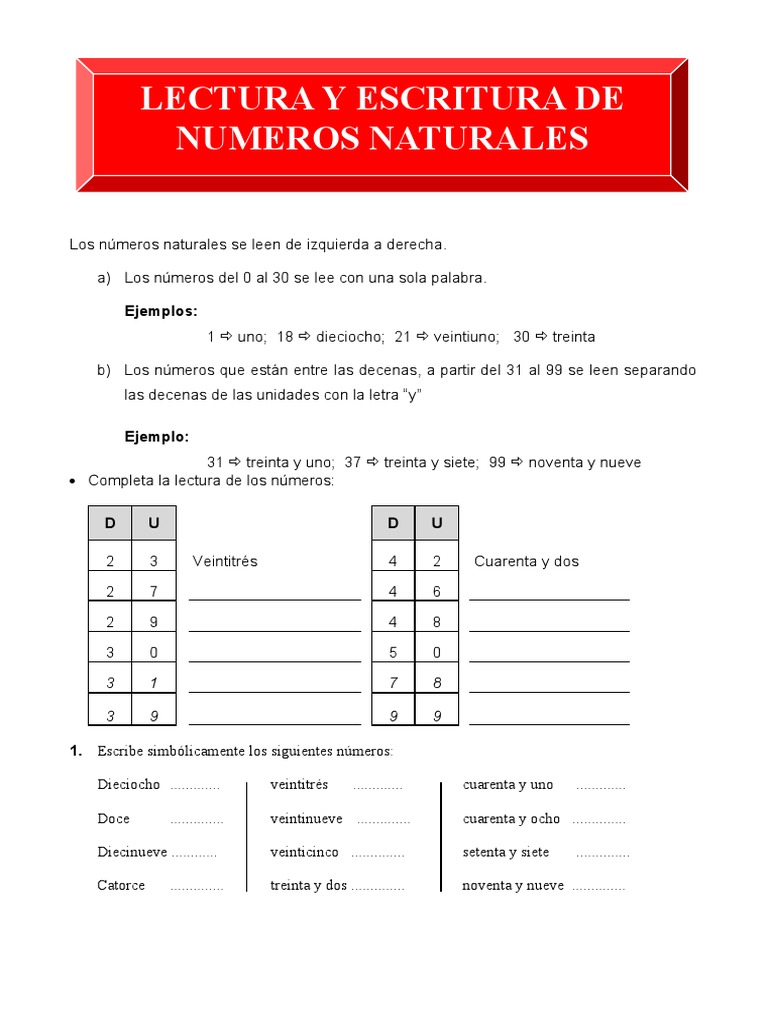 Lectura y Escritura de Numeros Naturales para Segundo de Primaria | PDF ...