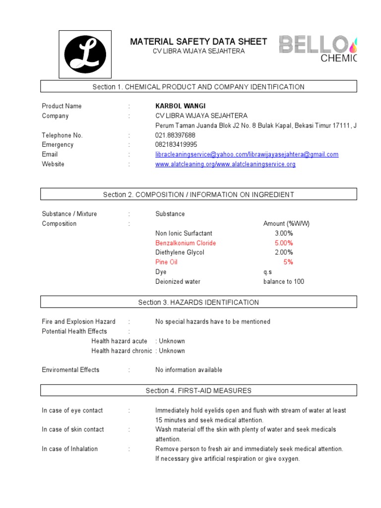 Msds Karbol Wangi | PDF | Water | Chemistry