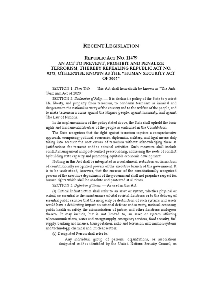 RA 11479 - Anti Terrorism Act of 2020 | PDF | Detention (Imprisonment) | Arrest