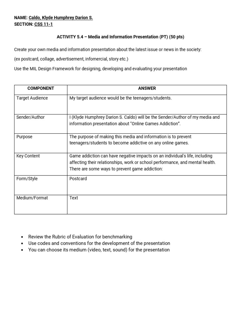 LESSON 5 - ACTIVITY 5.4 - Media and Information Presentation | PDF