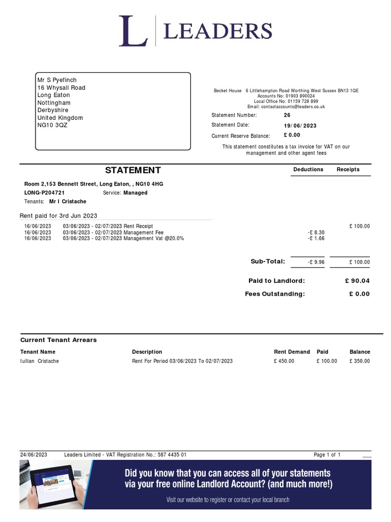 Statement 26 JUN2023 Room 2153 Bennett Street Long Eaton | PDF | Value ...