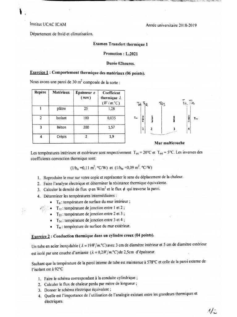 Examen - Transfert Thermique 1 | PDF