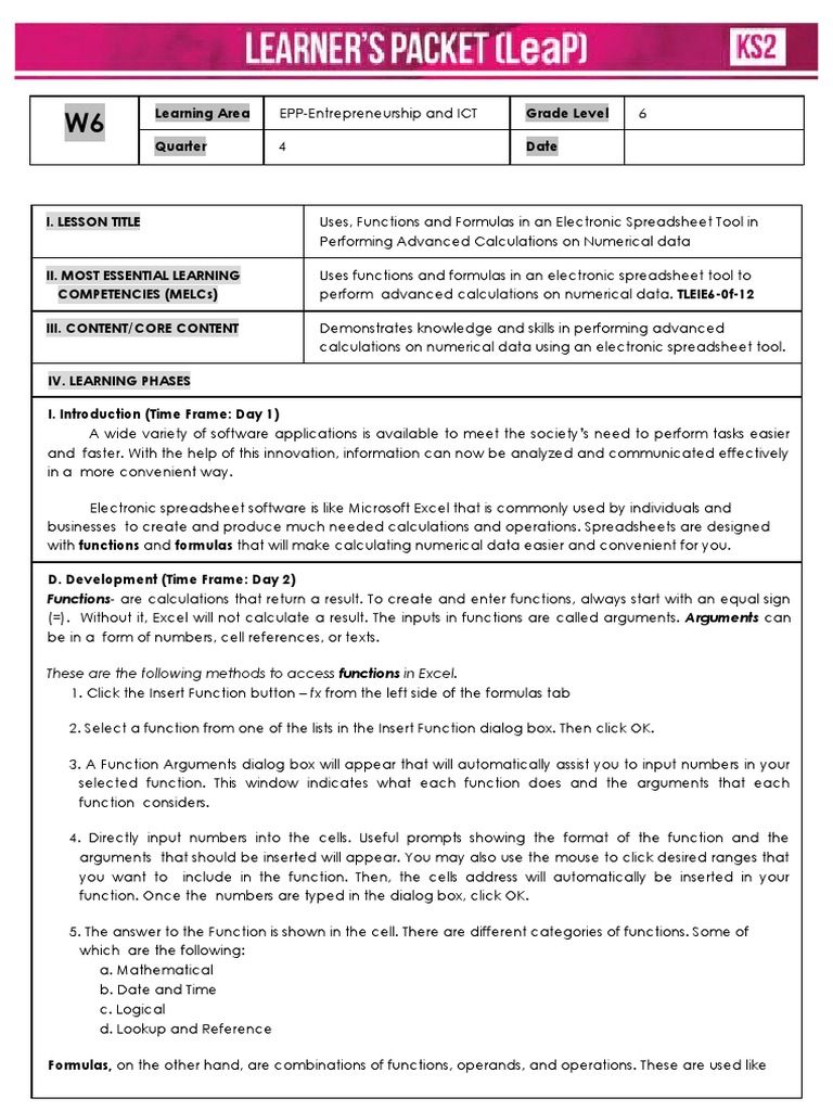 Q4 Elem ICT 6 Week 6 | PDF | Spreadsheet | Microsoft Excel