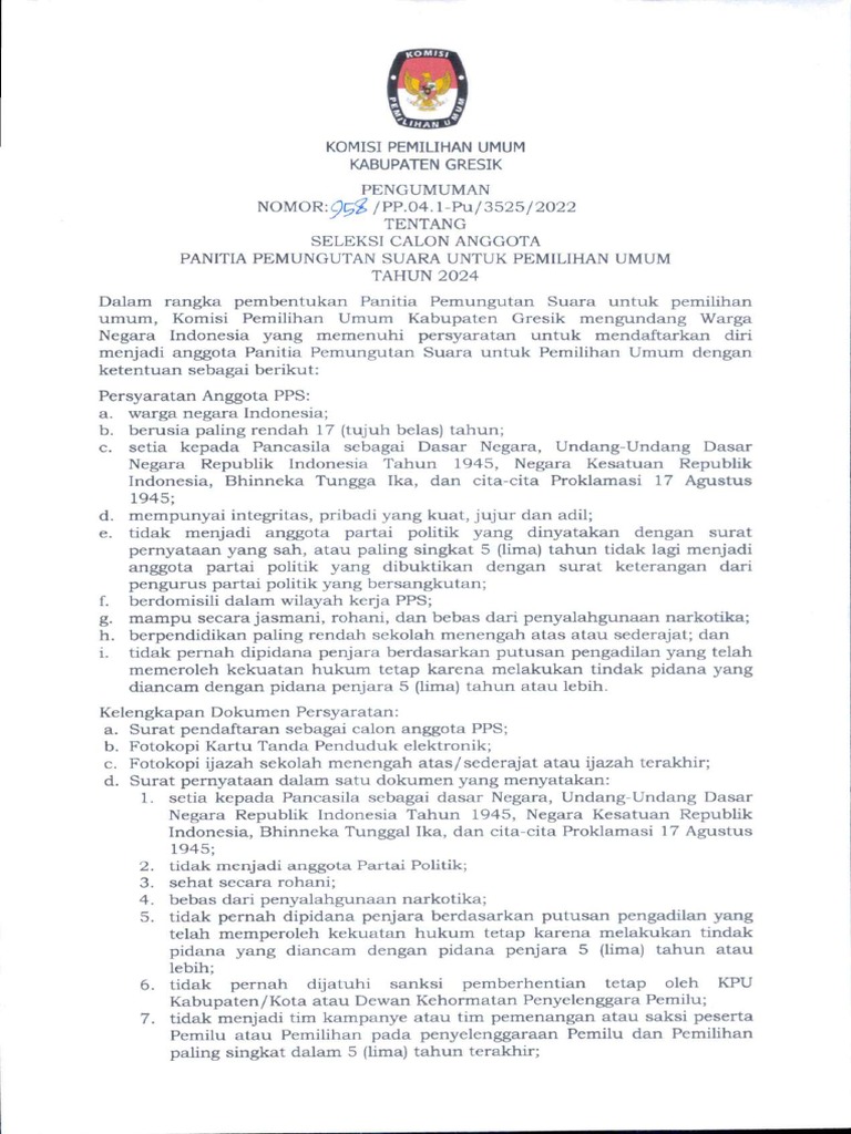 Pengumuman Pendaftaran Seleksi Calon Anggota Panitia Pemungutan Suara ... Pengumuman Pendaftaran Seleksi Calon Anggota Panitia Pemungutan Suara ...