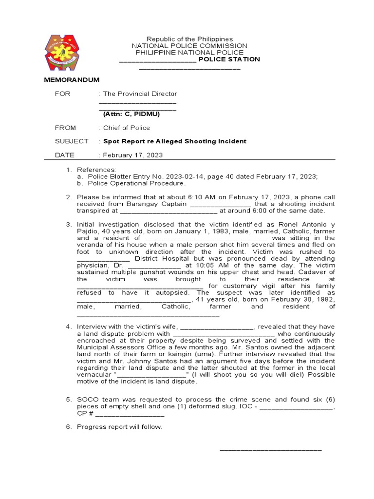 Spot Report - Shooting Incident | PDF | Killings | Murder