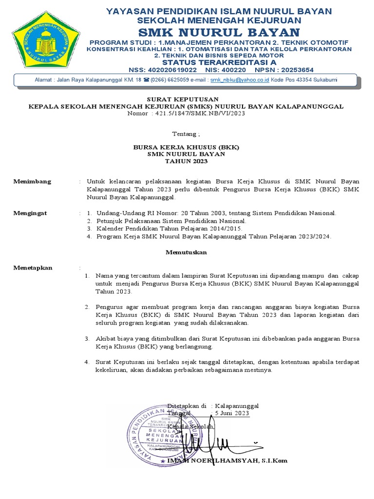SK Pengurus BKK SMK Nuurul Bayan 2023 | PDF