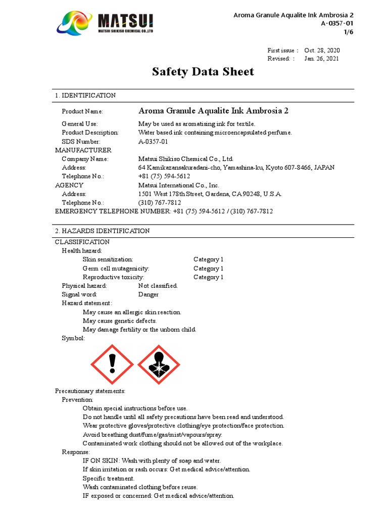 英文SDS Aroma AQ Ink Ambrosia 2 (Original) | PDF | Dangerous Goods ...