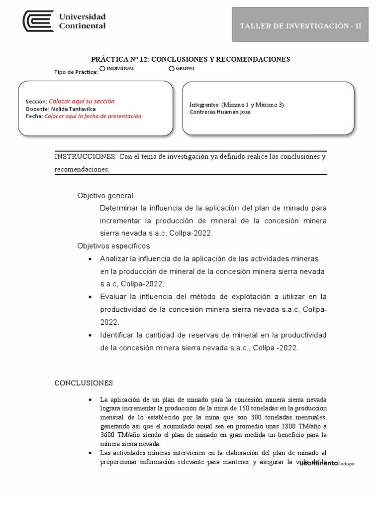 Práctica #12 - CONCLUSIONES Y RECOMENDACIONES - (Práctica) | PDF | Minería | Nevada