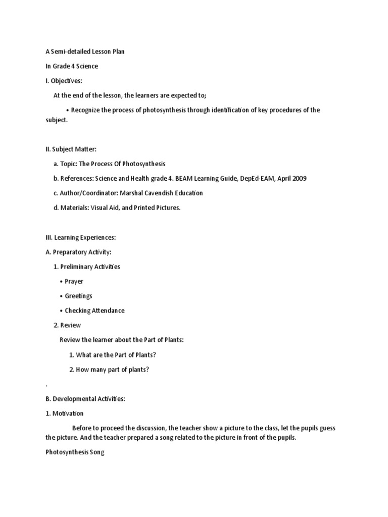 Grade 4 Lesson Plan: Photosynthesis | PDF | Photosynthesis | Plants