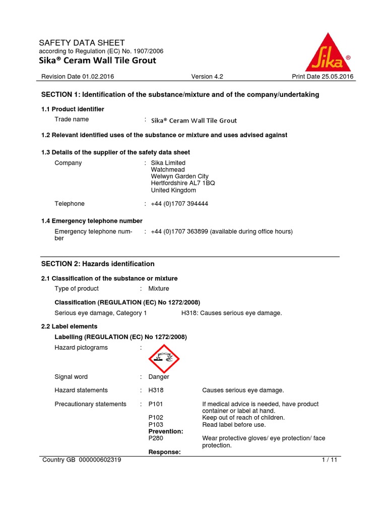 Sikaceram Wall Tile Grout MSDS | PDF | Dangerous Goods | Personal Protective Equipment
