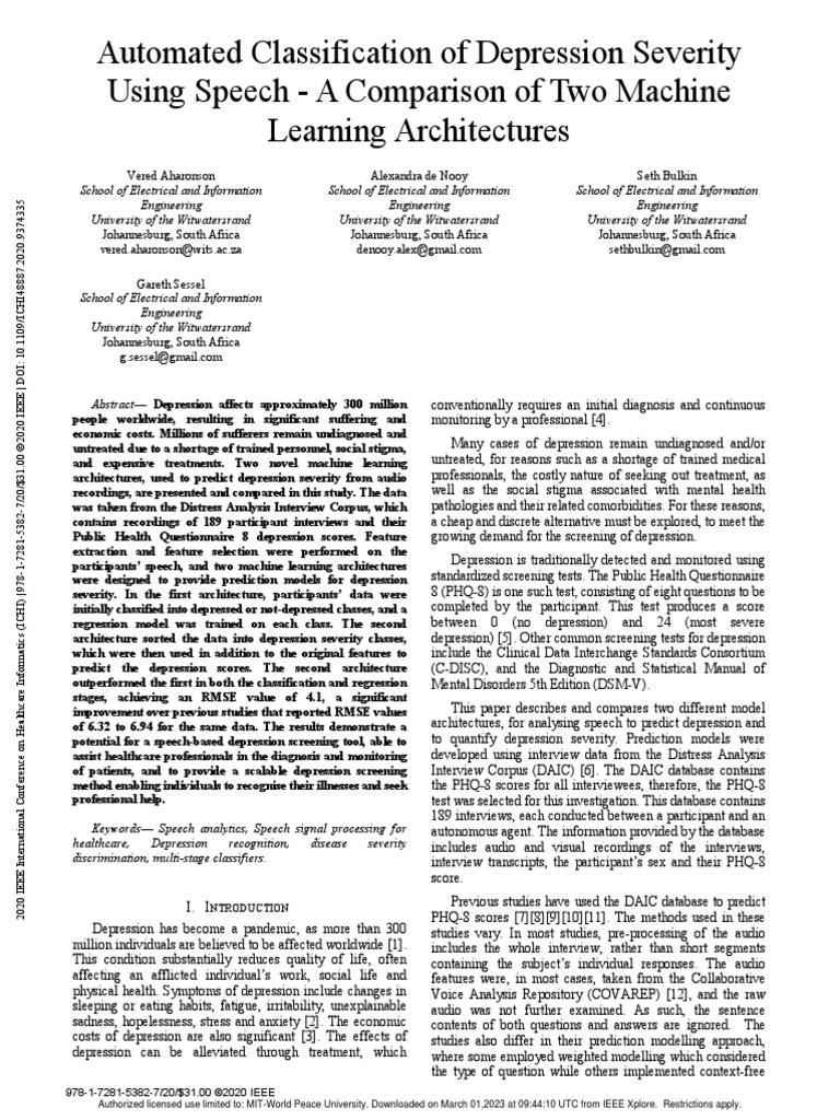 Automated Classification of Depression Severity Using Speech - A ... Automated Classification of Depression Severity Using Speech - A ...