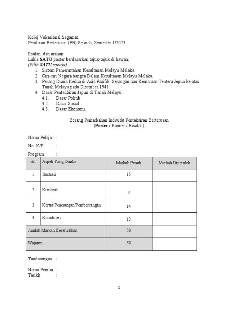 Soalan PB Sejarah Semester 1 Tahun 2023. | PDF