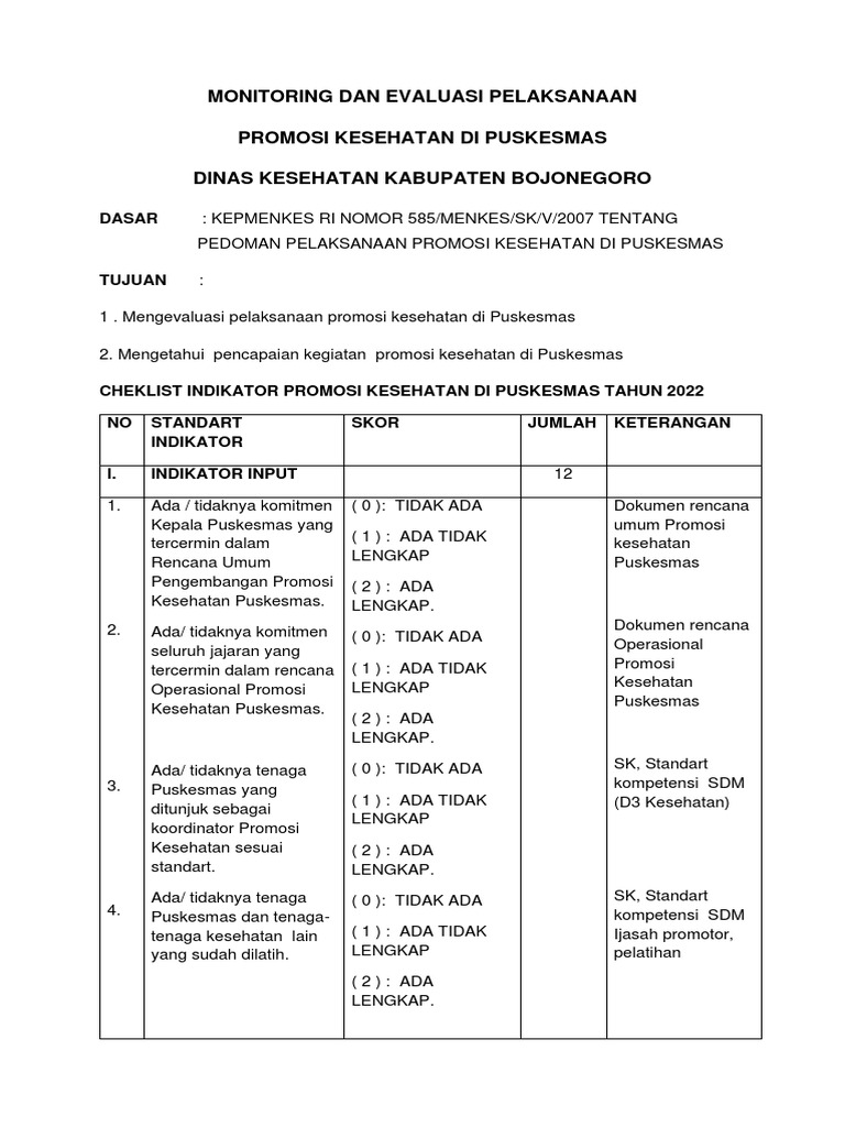 Blangko Monev Pelaksanaan Program Promkes Revisi Sesuai Indikator ...