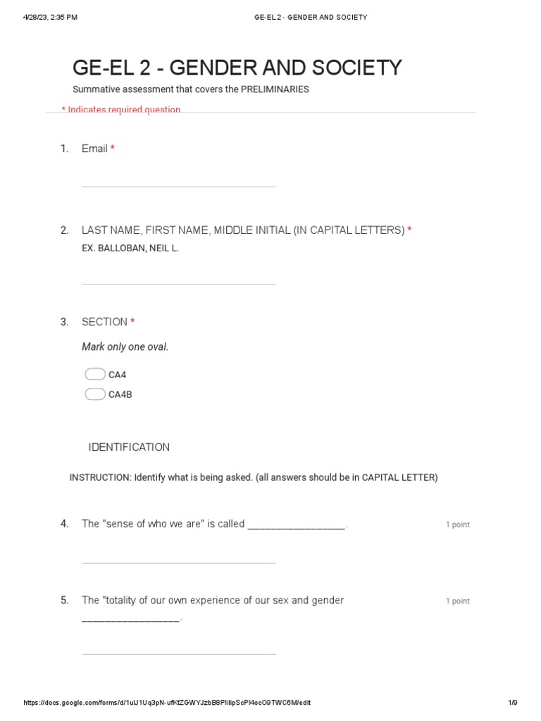 GE-EL 2 - GENDER AND SOCIETY - Google Forms | PDF | Gender Studies | Gender
