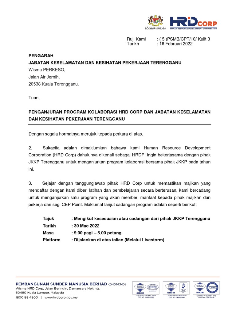 Surat Jemputan Kolaborasi Bersama JKKP Terengganu | PDF