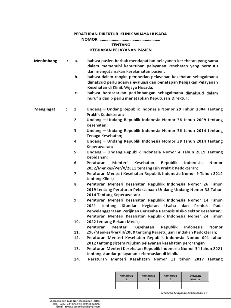 KEBIJAKAN PELAYANAN KLINIK WIJAYA HUSADA Rev DR Dita REV 1 | PDF ...