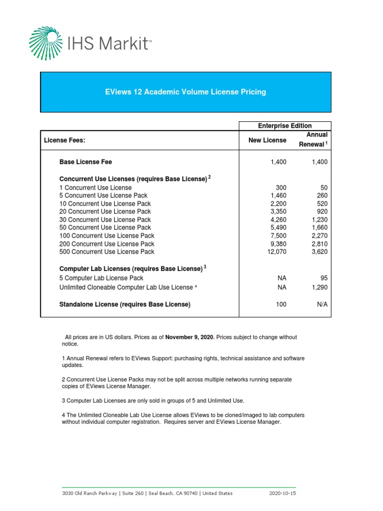 EViews 12 Academic Volume License Pricing - FINAL - 2020-11 | PDF ...