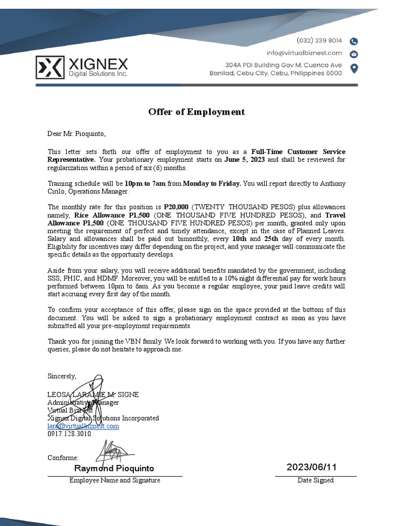 Job Offer - Raymond Pioquinto - Signed | PDF