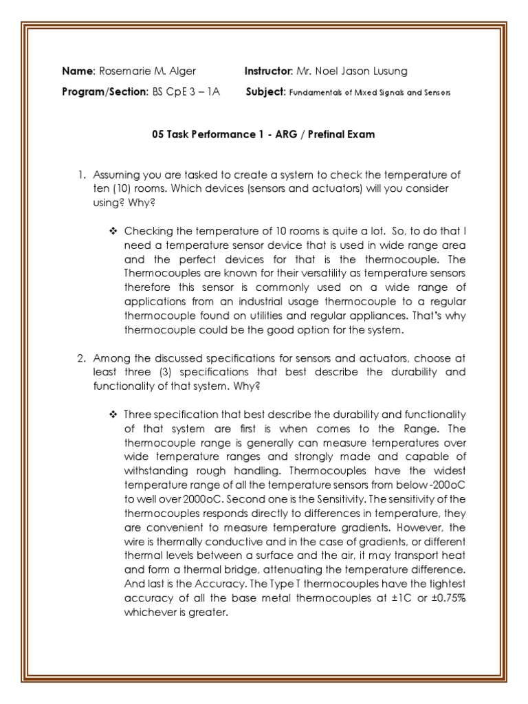Alger 05 Task Performance 1 Prefinal-Exam | PDF | Thermocouple | Sensor