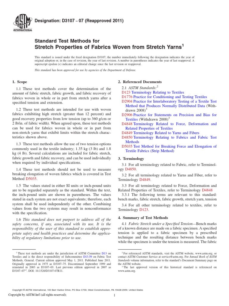 D3107 07 (Reapproved 2011) | PDF | Textiles | Standard Deviation