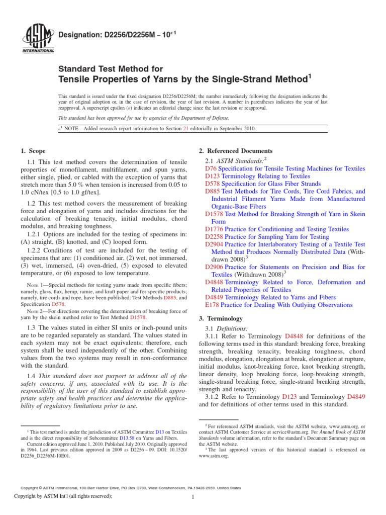 Tensile Properties of Yarns by The Single-Strand Method: Standard Test ...