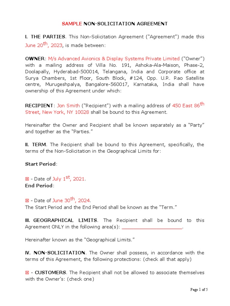 Sample Non Solicitation Agreement | PDF | Confidentiality | Legal Remedy