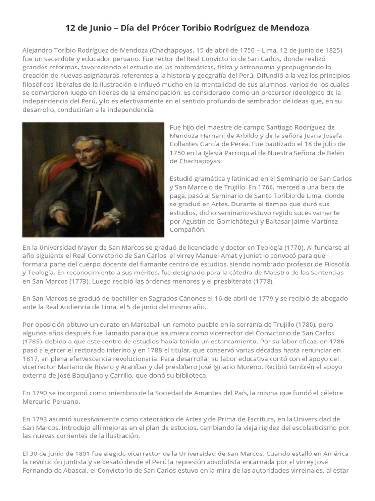 12 de Junio Fallece Toribio Rodríguez de Mendoza | PDF | Perú | América ...