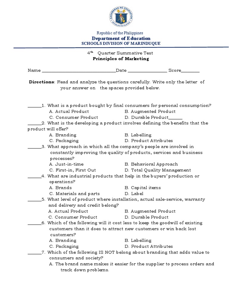 Principles of Marketing Test | PDF | Marketing | Pricing