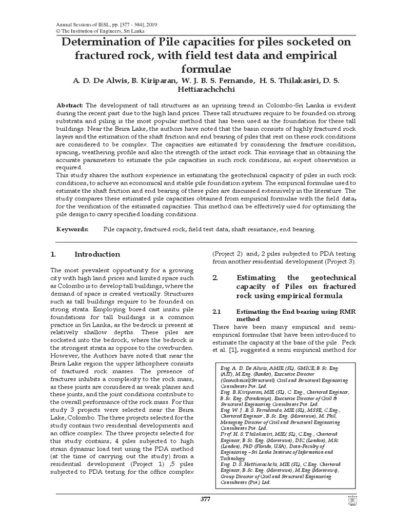 Determination of Pile Capacities For Piles Socketed On Fractured Rock ... Determination of Pile Capacities For Piles Socketed On Fractured Rock ...