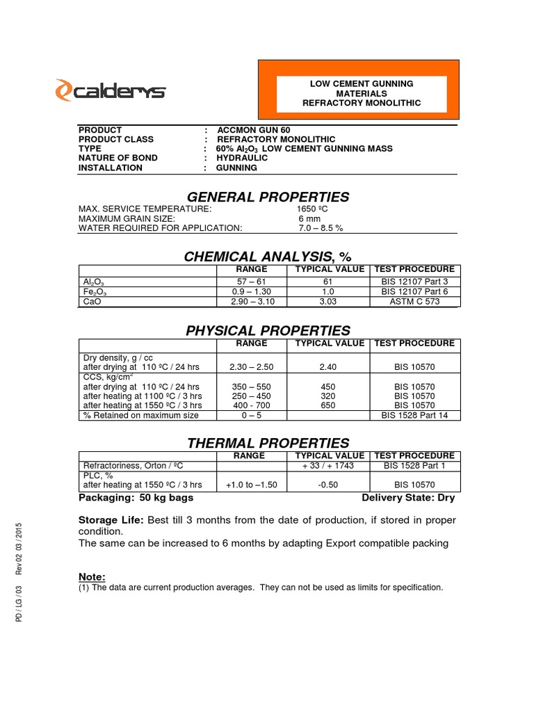 Pds Accmon Gun 60 Revised March 2015 | PDF | Refractory | Cement Pds Accmon Gun 60 Revised March 2015 | PDF | Refractory | Cement