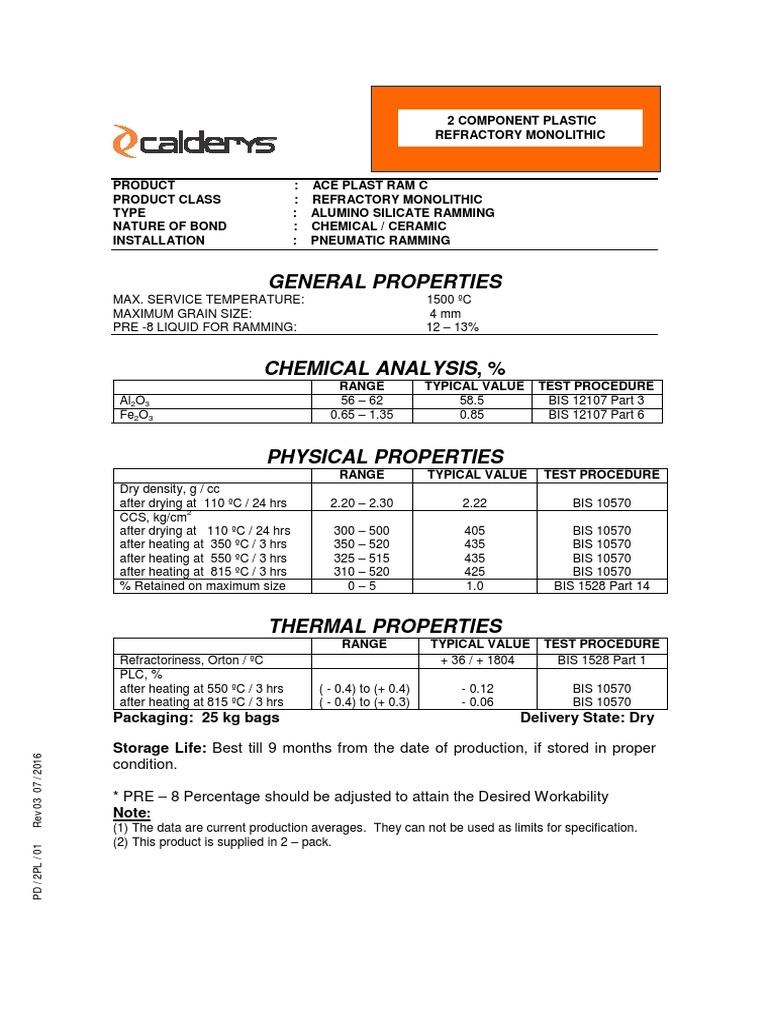 Ace Plast Ram C Revised July 2016 | PDF | Refractory | Materials