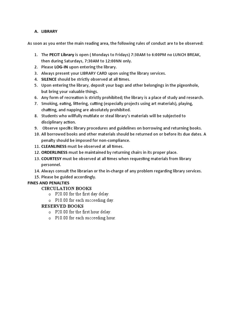 PECIT Library Rules and Penalties | PDF