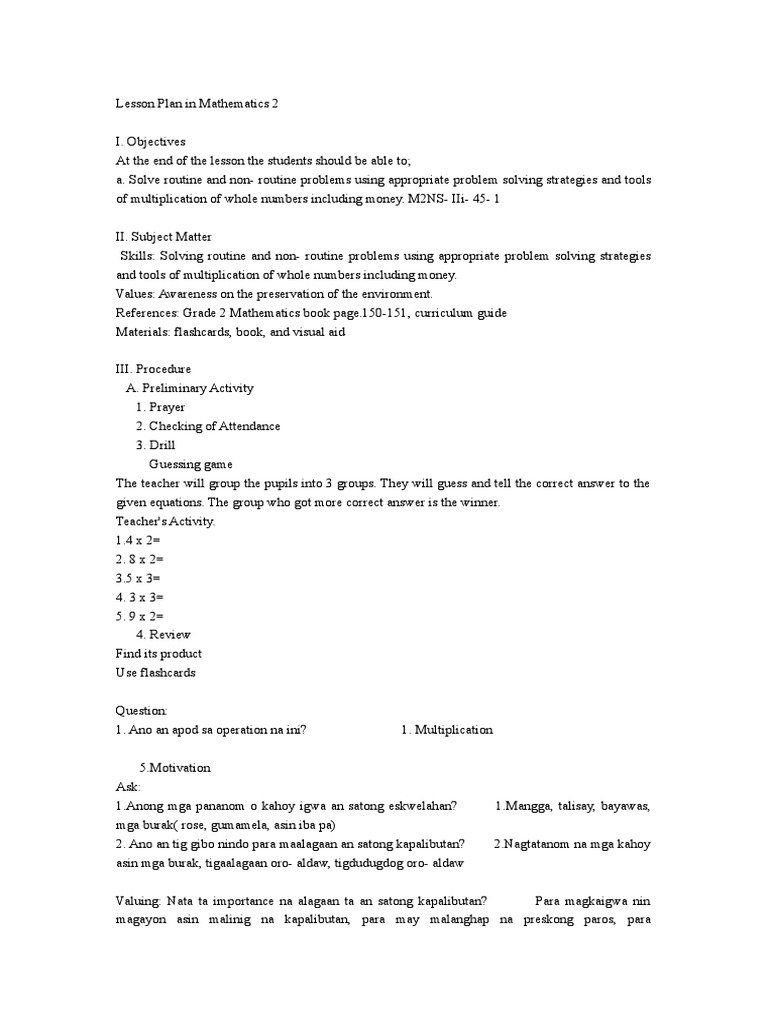 Lessonplan Math 2 | PDF | Education Theory | Cognition