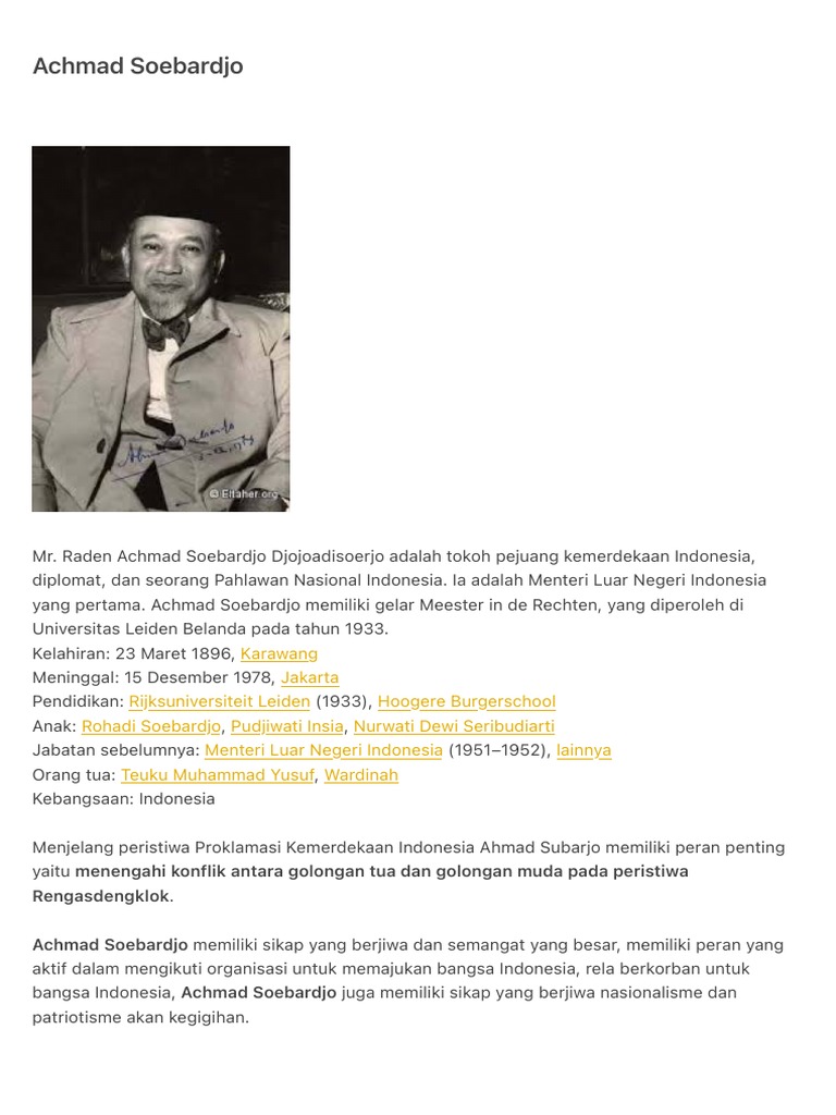Biografi Singkat Achmad Soebardjo | PDF | Ilmu Sosial | Perjalanan