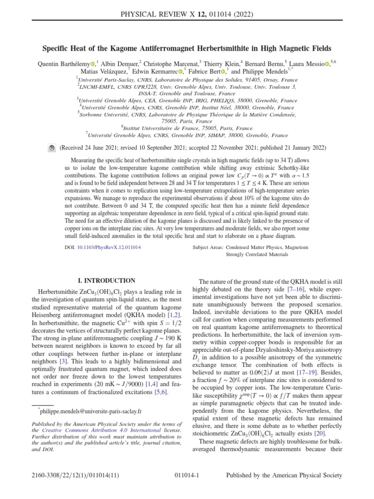 2022 PRX Barthelemy Specific Heat of The KAH in High Magnetic Fields | PDF | Condensed Matter ...