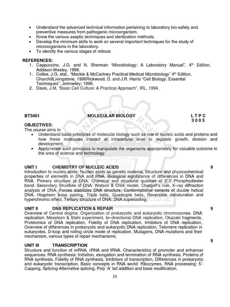 Mol Bio Syllabus | PDF | Dna | Rna