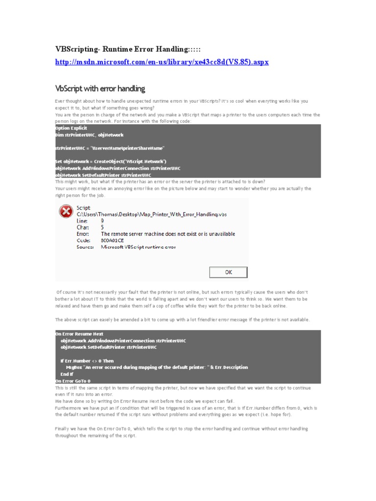 A Comprehensive Guide to Runtime Error Handling in VBScript | PDF | Subroutine | Scripting Language