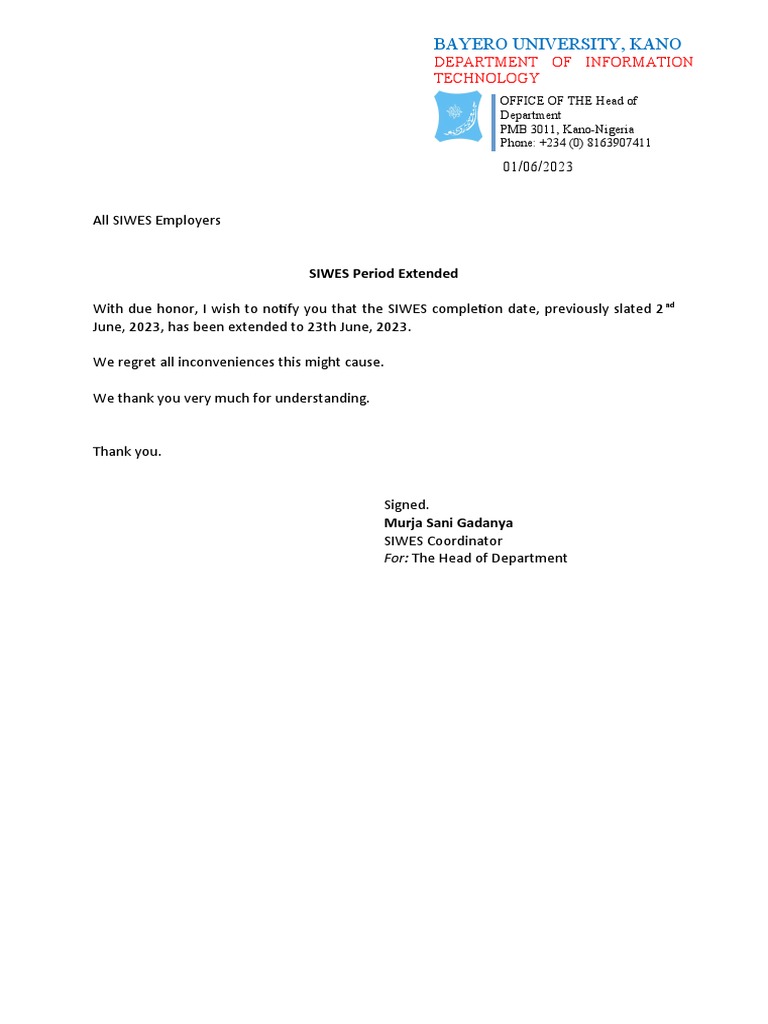 SIWES Completion Date Extended | PDF
