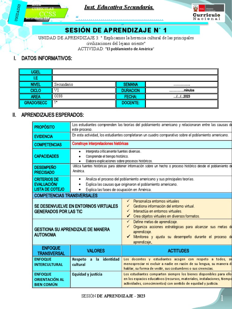 Sesion CCSS 1° Sec-Semana 01 Uni 3 | PDF | Aprendizaje | Evaluación