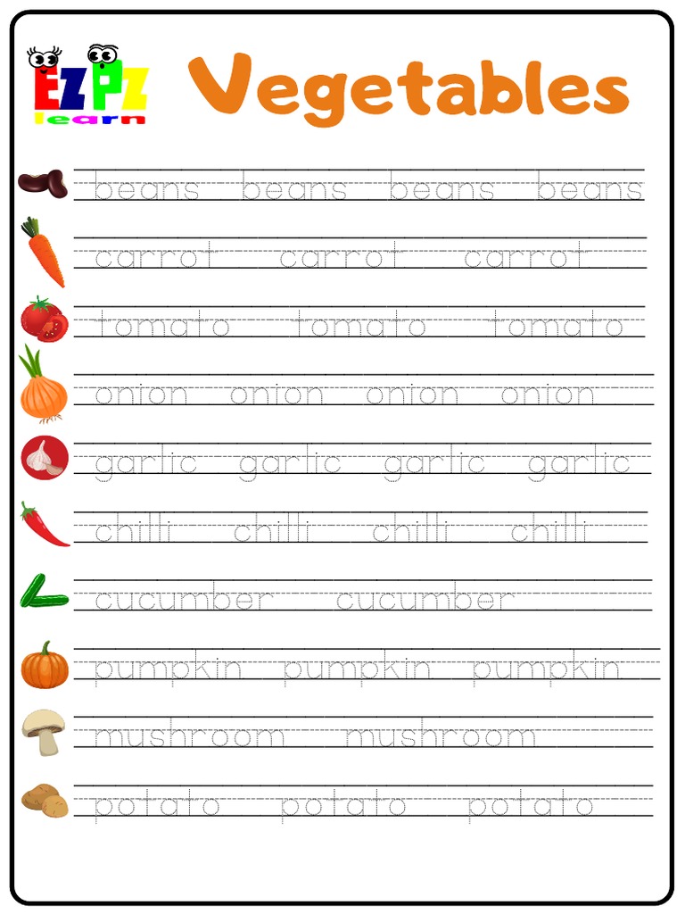 Vegetables Tracing Worksheet 1 | PDF | Cooking, Food & Wine