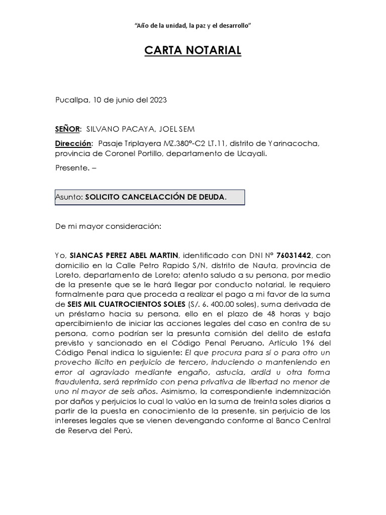 Carta Notarial Exigiendo Pago de Deuda | PDF